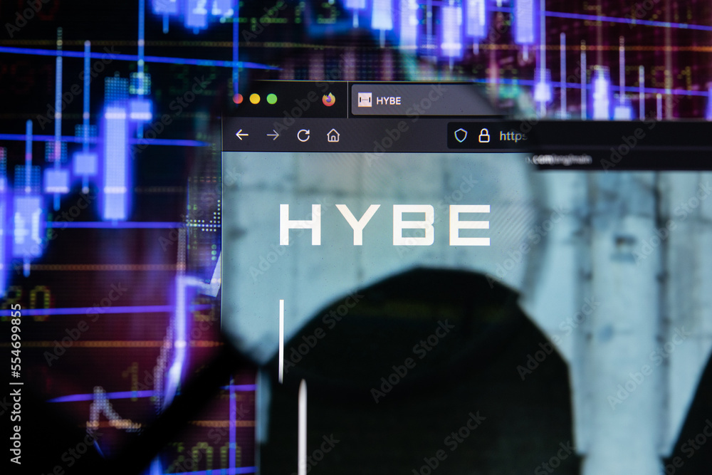 HYBE company logo on a website with blurry stock market developments in ...