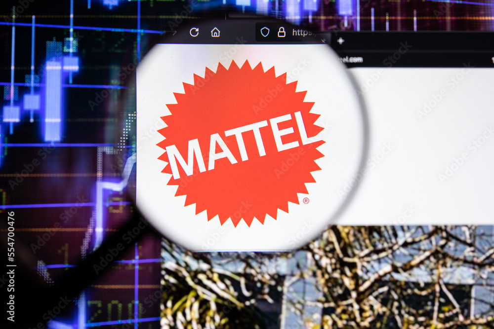 Mattel company logo on a website with blurry stock market developments ...