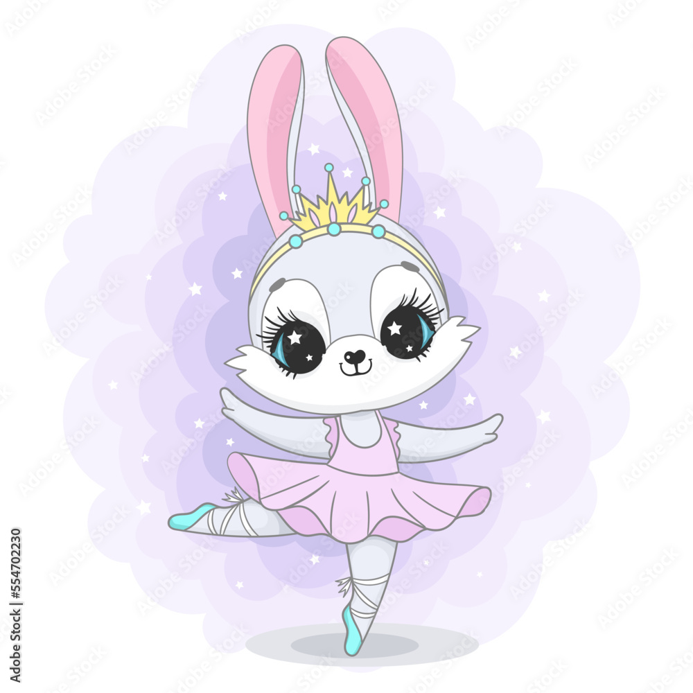 Cute dancing bunny ballerina on a lilac background. For children's ...