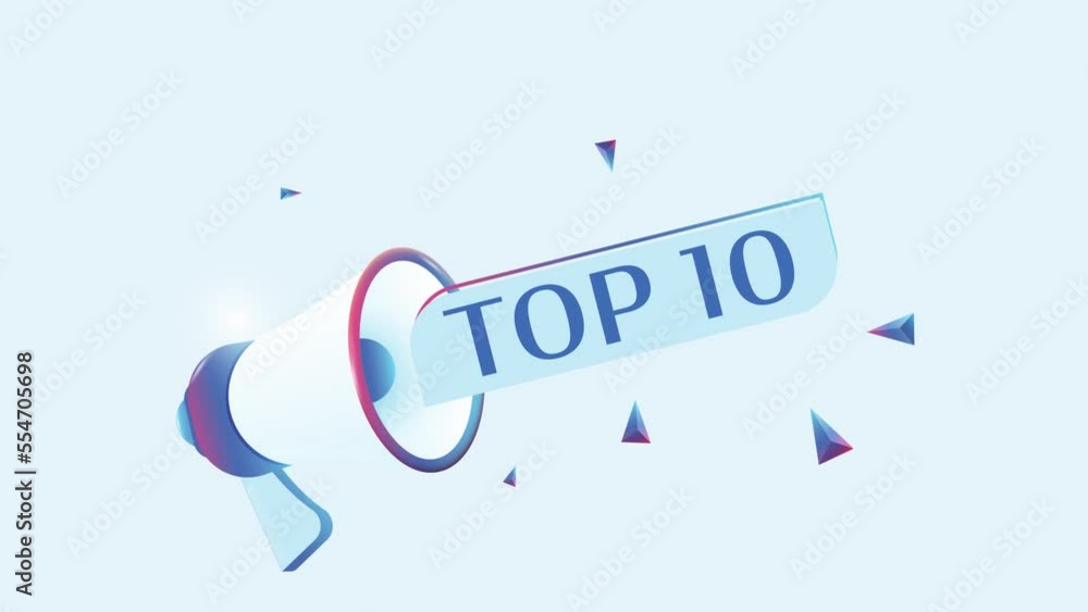 Top 10 text with 3d realistic megaphone animation. Megaphone sign ...