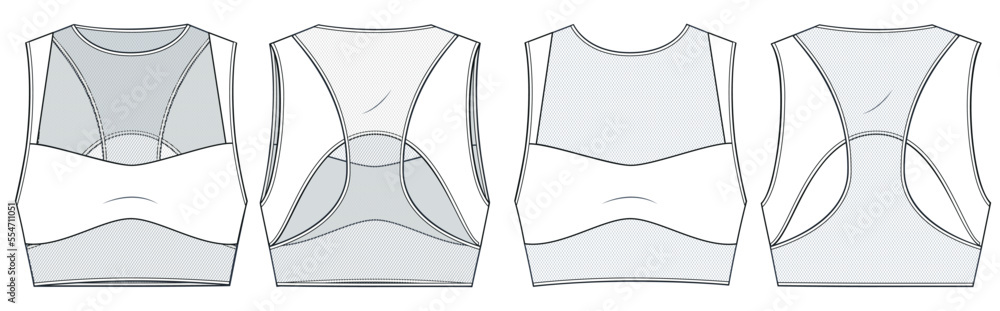 Women's Sport Bra technical fashion illustration. Mesh Top fashion flat ...