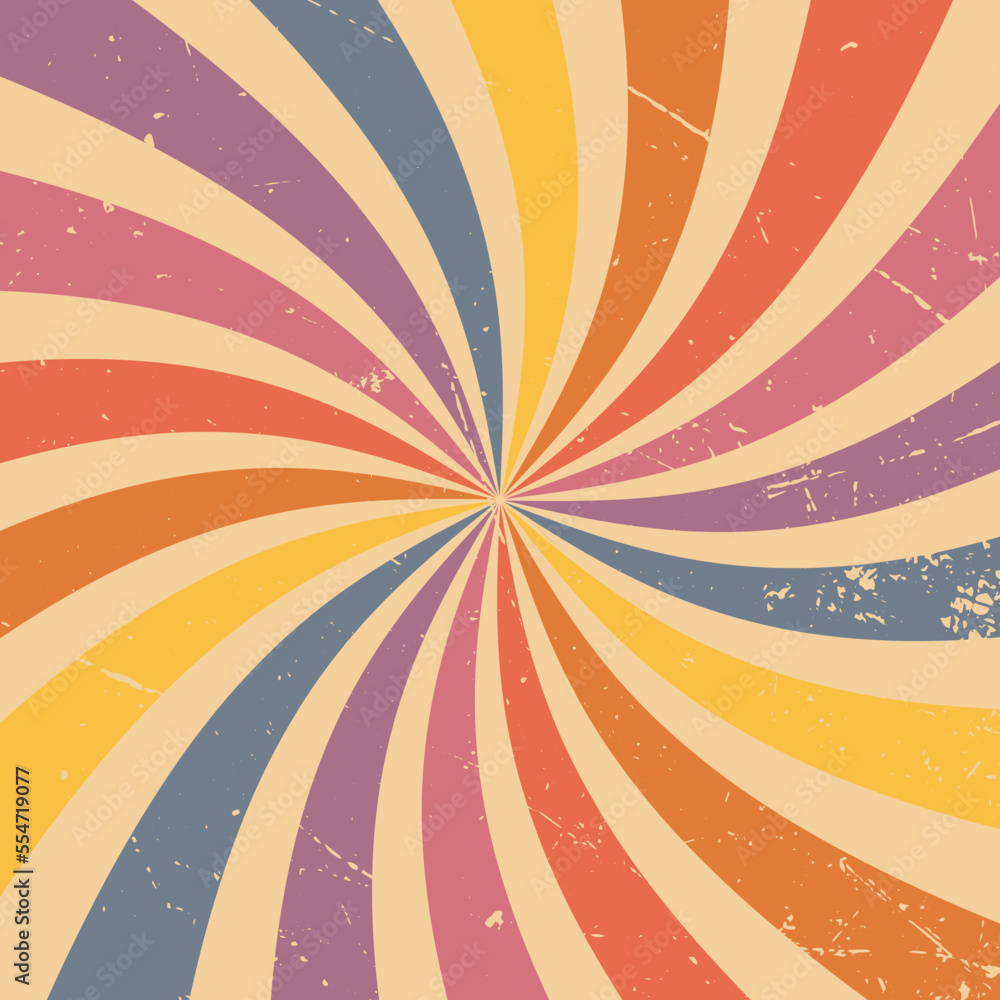 Retro sunburst background pattern with a vintage color palette of yellow, orange, blue, purple ...