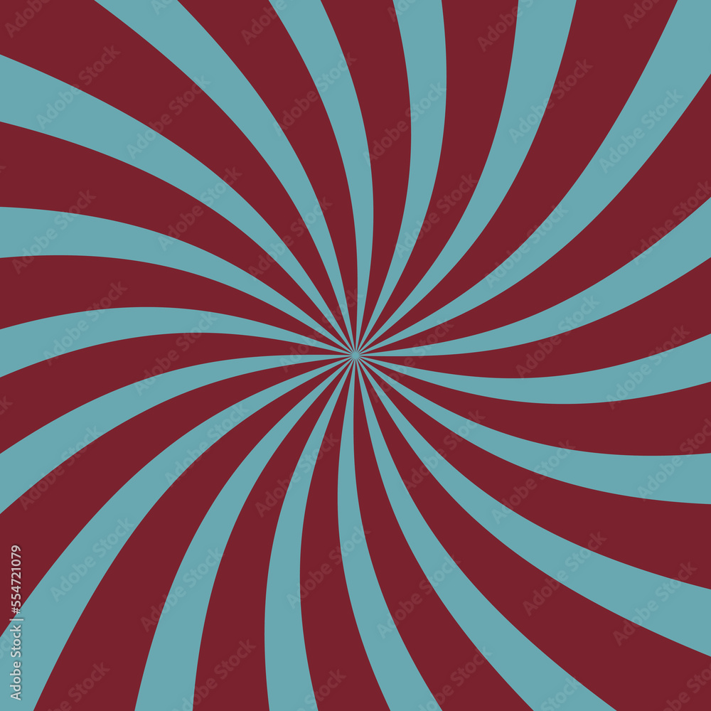 Retro sunburst background pattern with a vintage color palette of burgundy and blue in a spiral ...