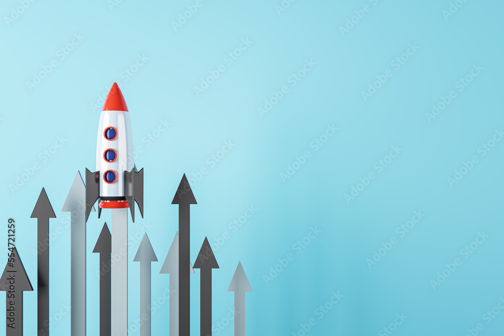 Launching rocket with arrows on blue background with mock up place ...