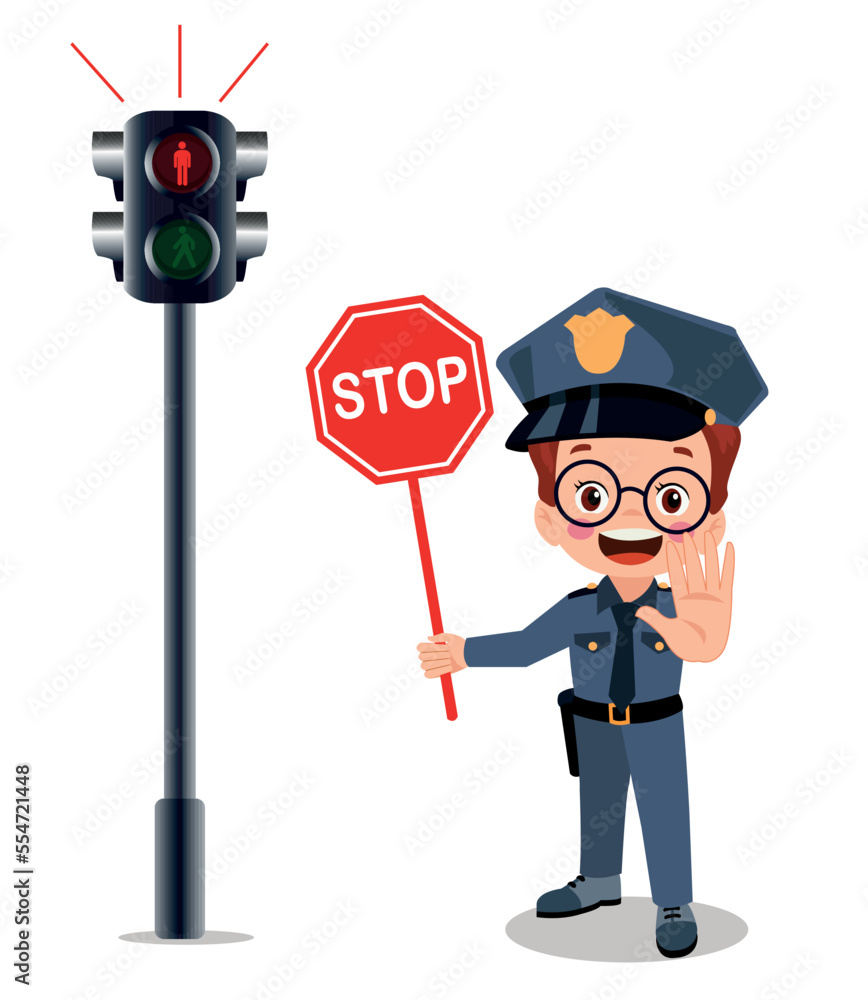 happy cute little kid boy wearing police uniform and holding stop sign ...