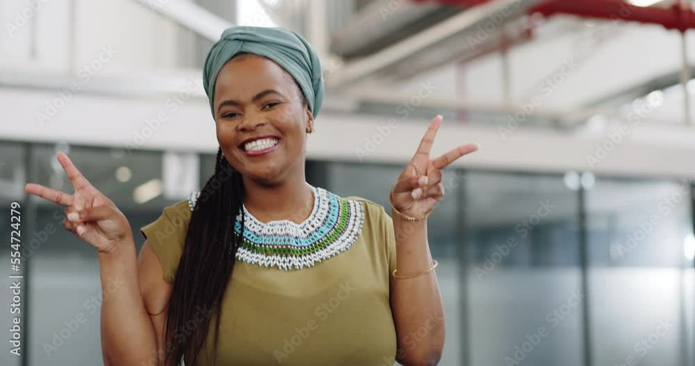 Peace hands, happy black woman and face for success, motivation and ...