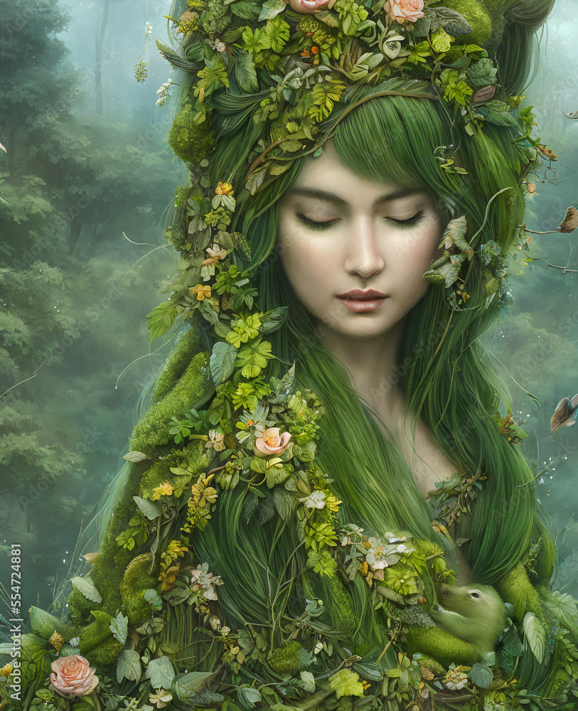 mother nature woman with spring flowers and baby animal generative AI ...