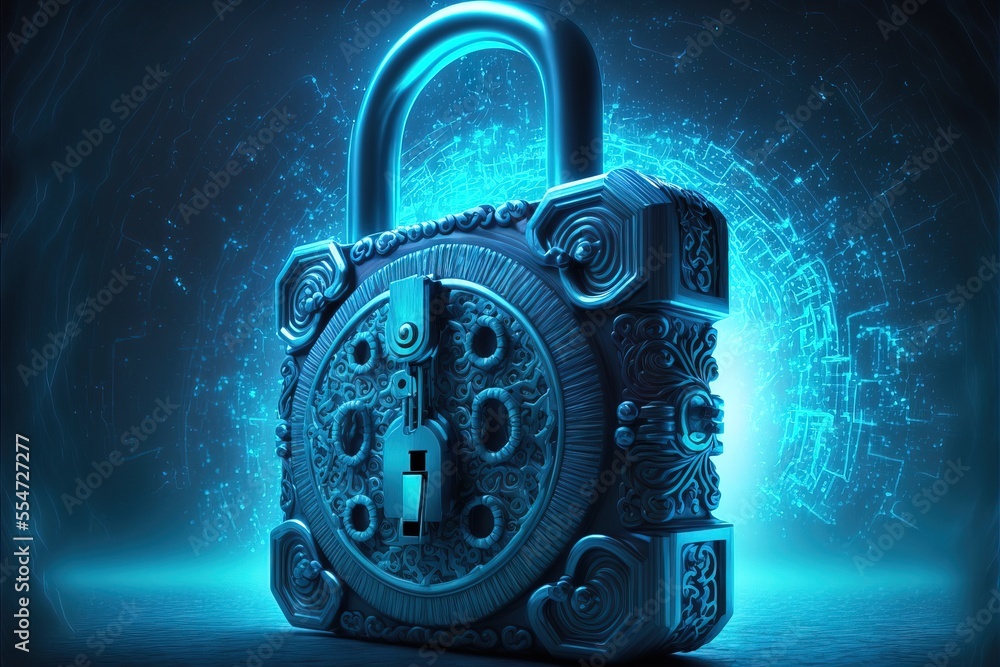 a blue lock with a key on it in a dark room with a blue background and ...