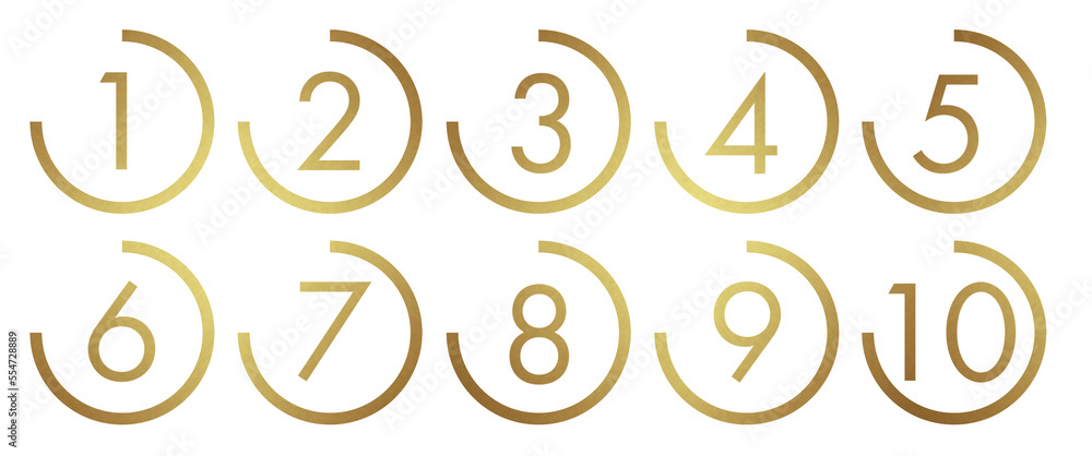Set of numbers in golden circle, paint brush smudge, layered, isolated ...