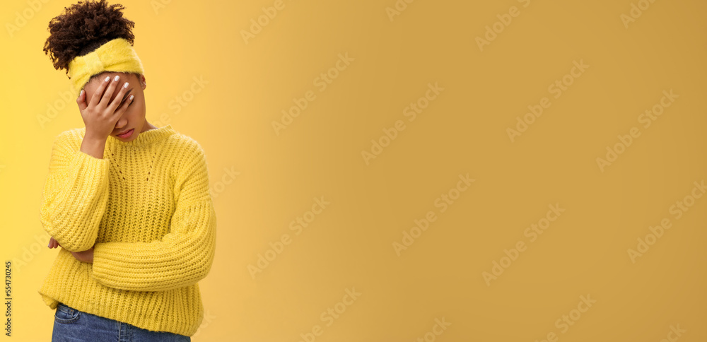 Upset tired african-american female entrepreneur facepalm bow head ...