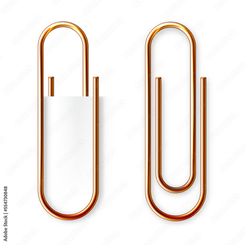 Realistic copper paperclip attached to paper isolated on white ...