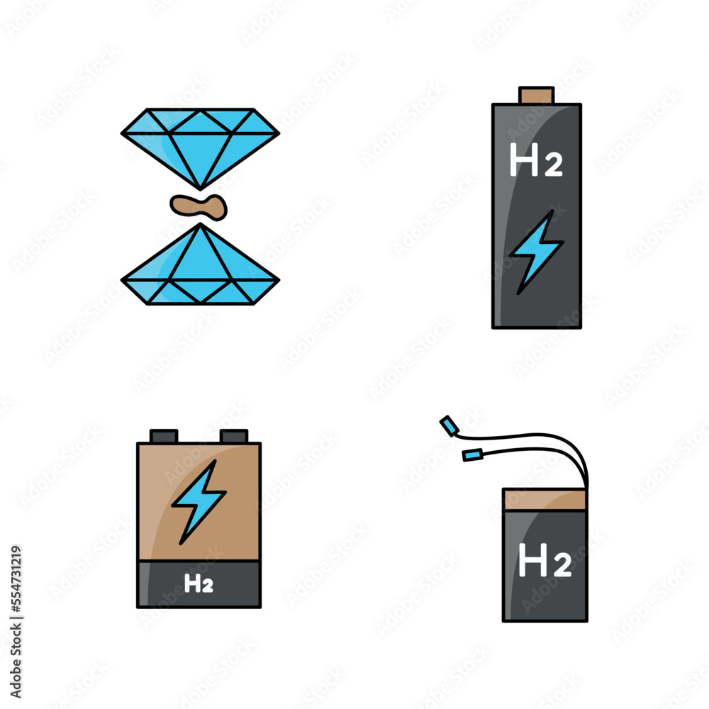 Hydrogen battery flat style icon set, H2 accumulator concept, metallic ...