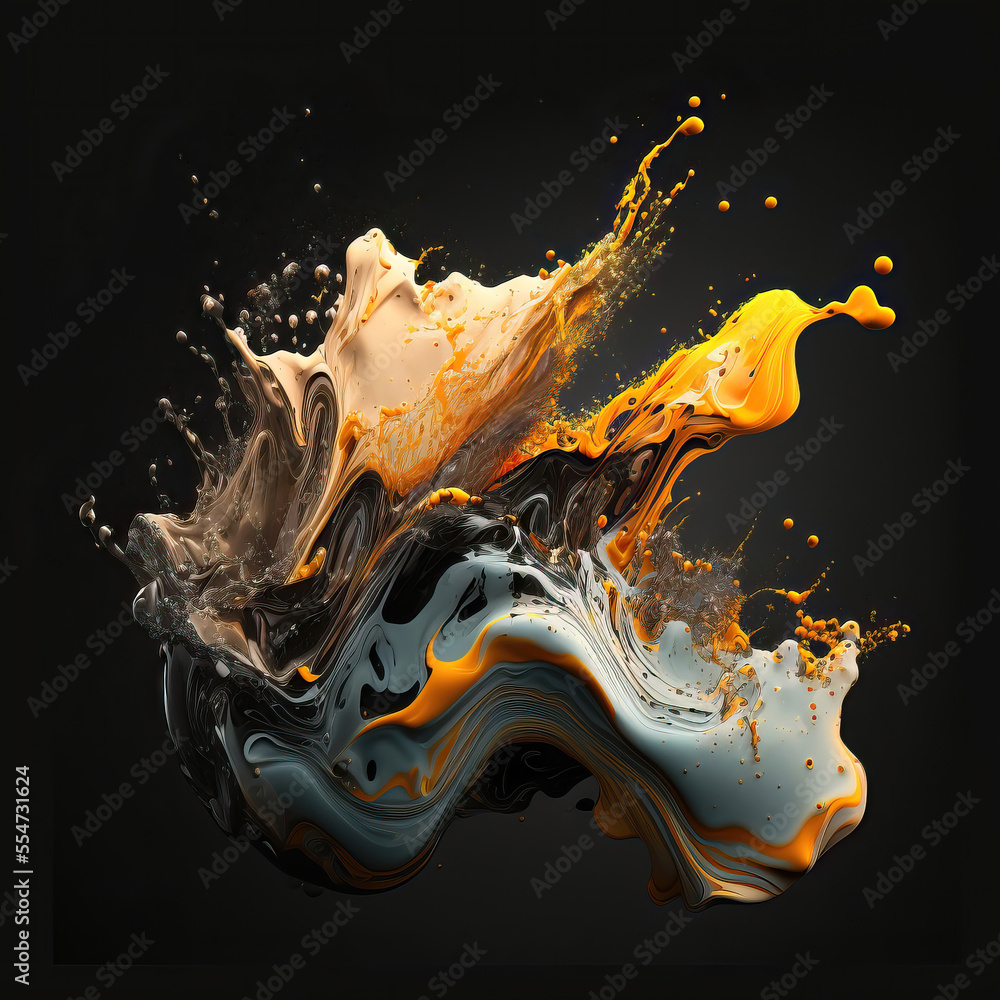 surreal abstract art of gloss black, white and gold paint flows and ...