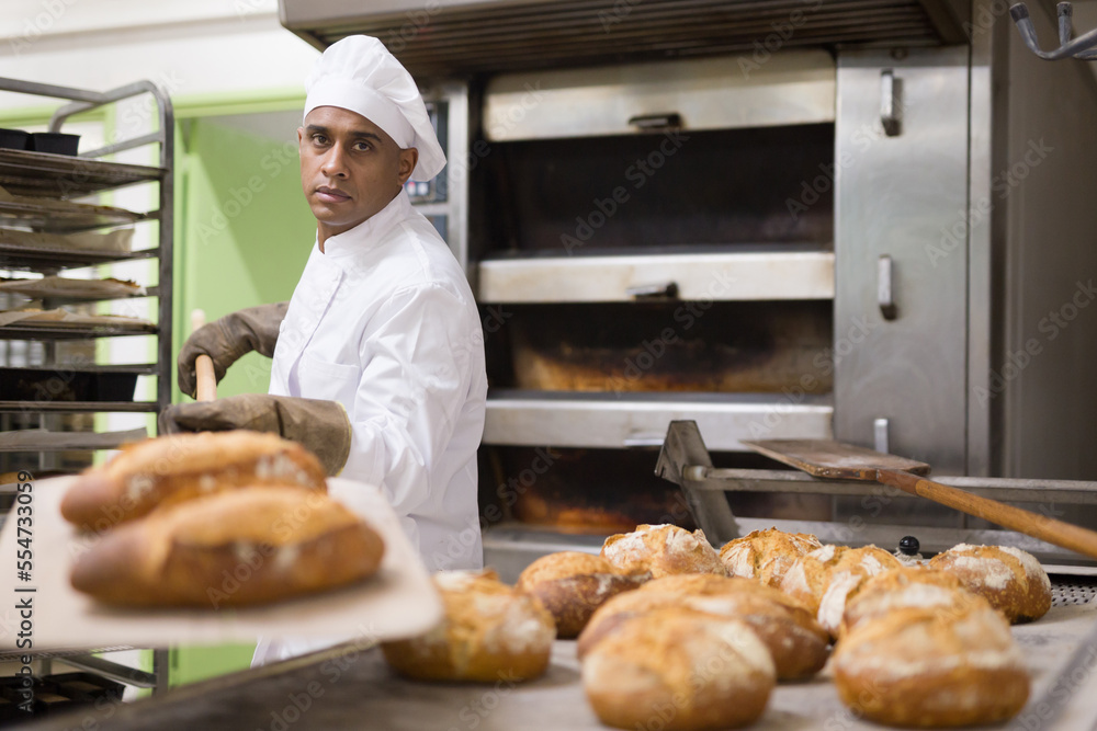 Baker taking out from oven baked bread, industrial bread production ...