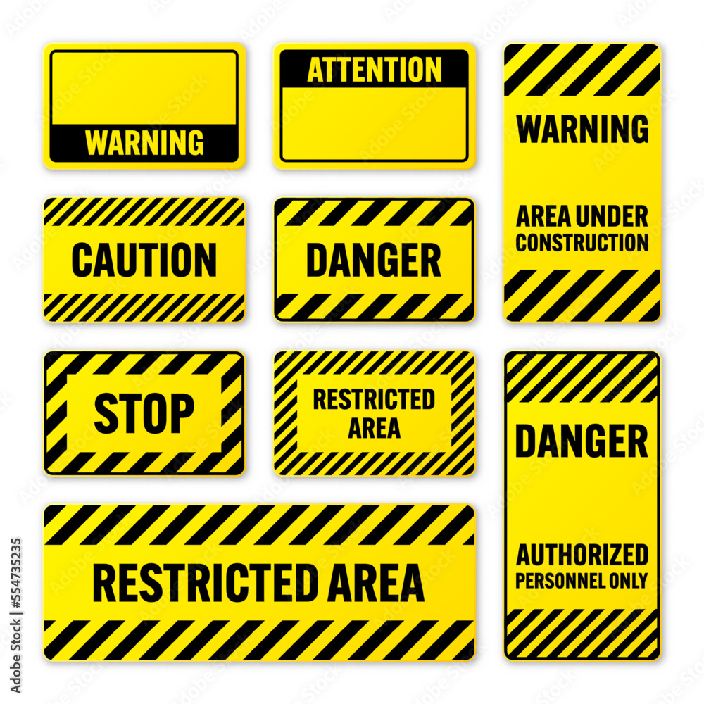 Various black and yellow warning signs with diagonal lines. Attention ...