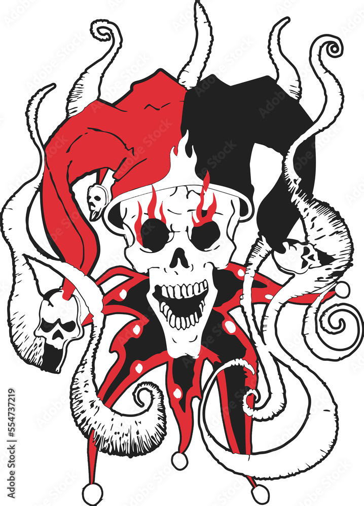 illustrated demonic laughing jester skull dressed in black and red with ...