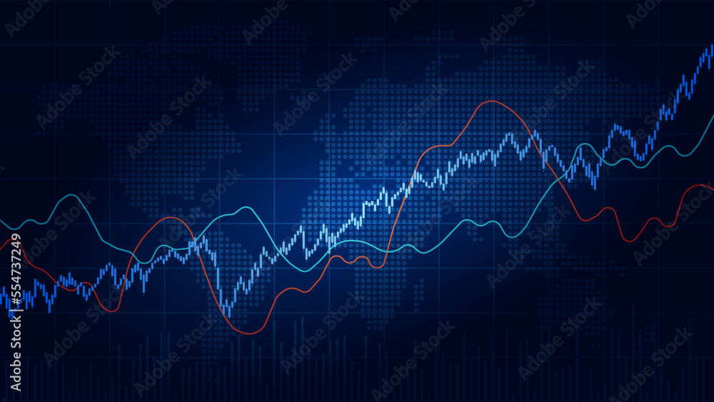 Candlestick chart, line graph and bar chart. World stock market index ...