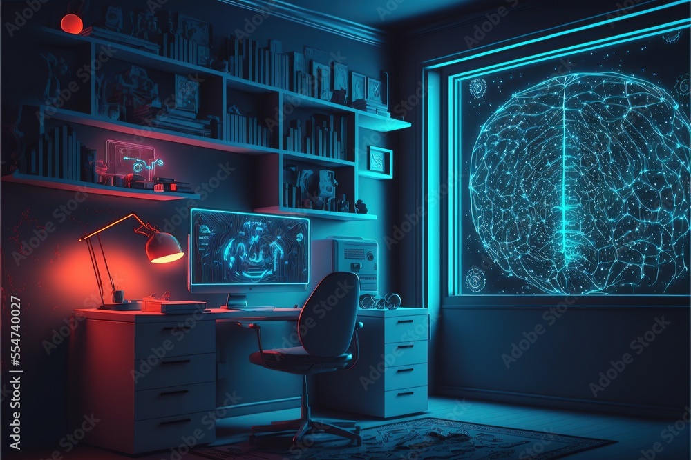 Dark neon cyber room, office data processing and database control ...