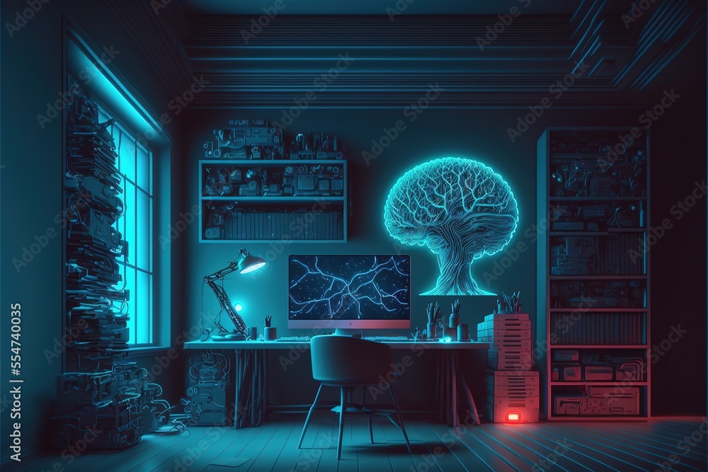 Dark neon cyber room, office data processing and database control ...