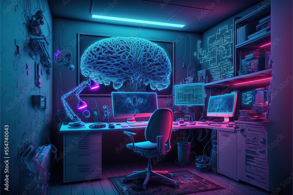 Dark neon cyber room, office data processing and database control ...
