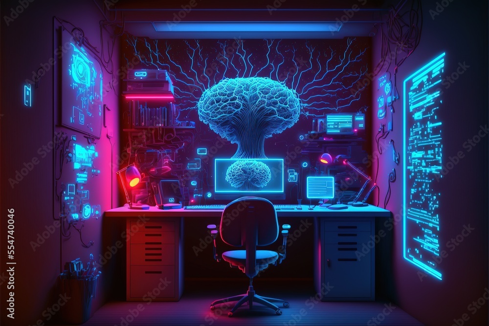 Dark neon cyber room, office data processing and database control ...