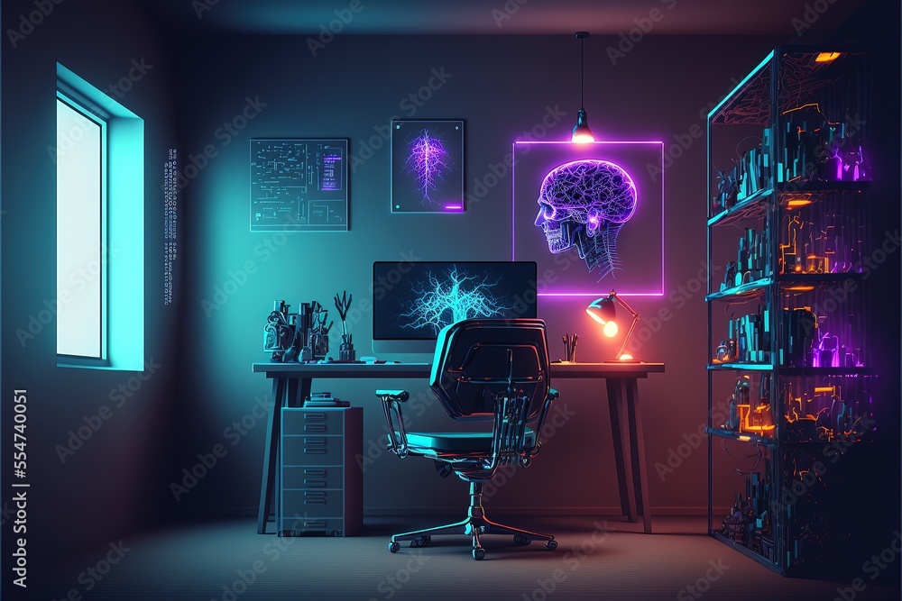 Dark neon cyber room, office data processing and database control ...