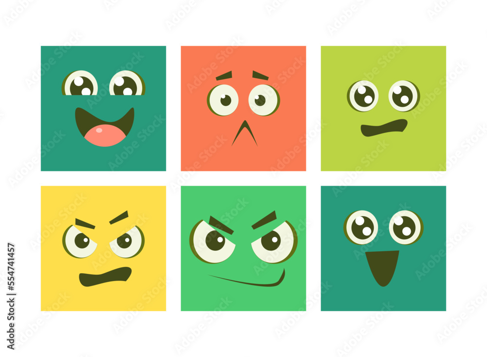 Cartoon Square Face with Emotion Expression Vector Set Stock Vector ...