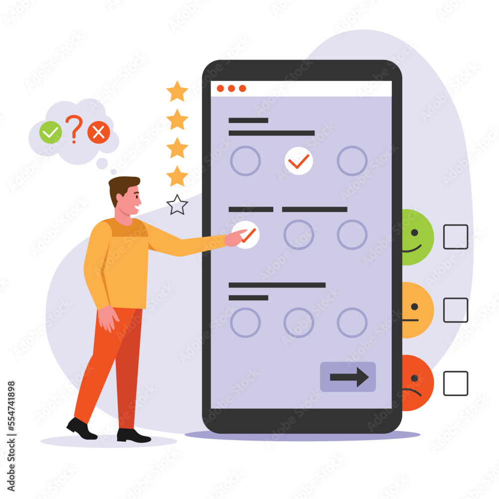 Vector illustration of online survey. Cartoon scene with a guy who ...