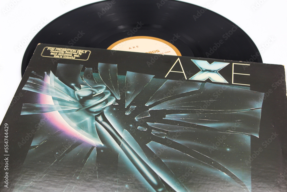 Hard rock artist, Axe music album on vinyl record LP disc. The record ...