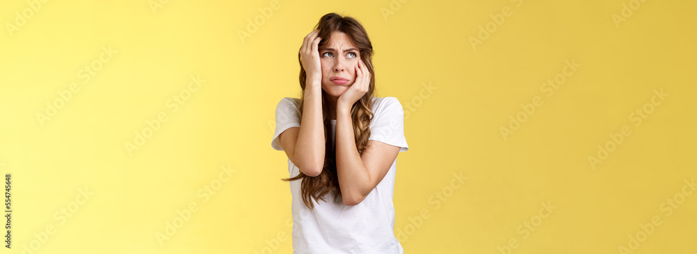 Shocked timid insecure young panicking woman wanna cry standing anxious ...