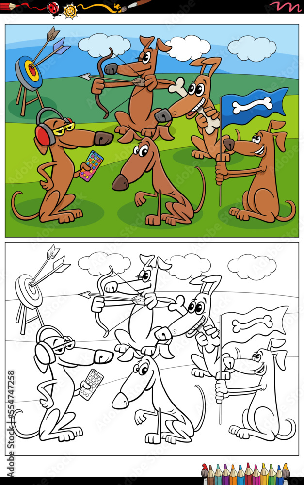 cartoon dogs animal characters group coloring page Stock Vector | Adobe ...