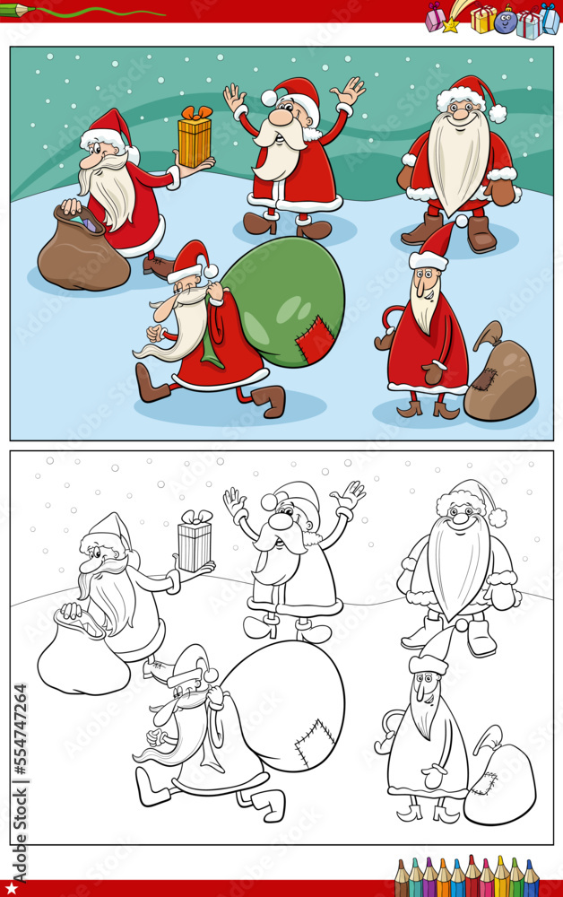 cartoon Santa Clauses Christmas characters coloring page Stock Vector ...
