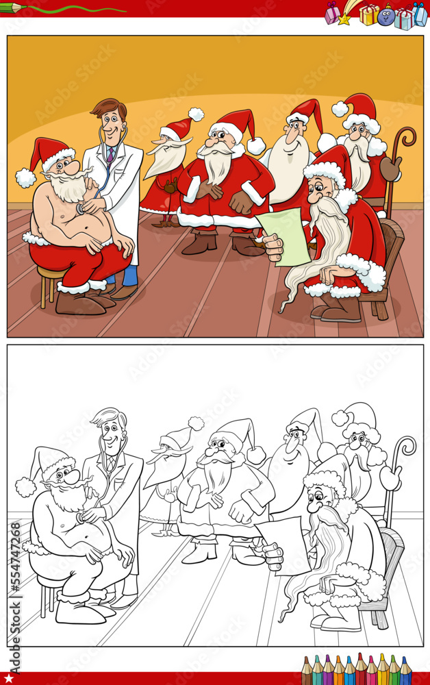 cartoon Santa Clauses at the doctor coloring page Stock Vector | Adobe ...