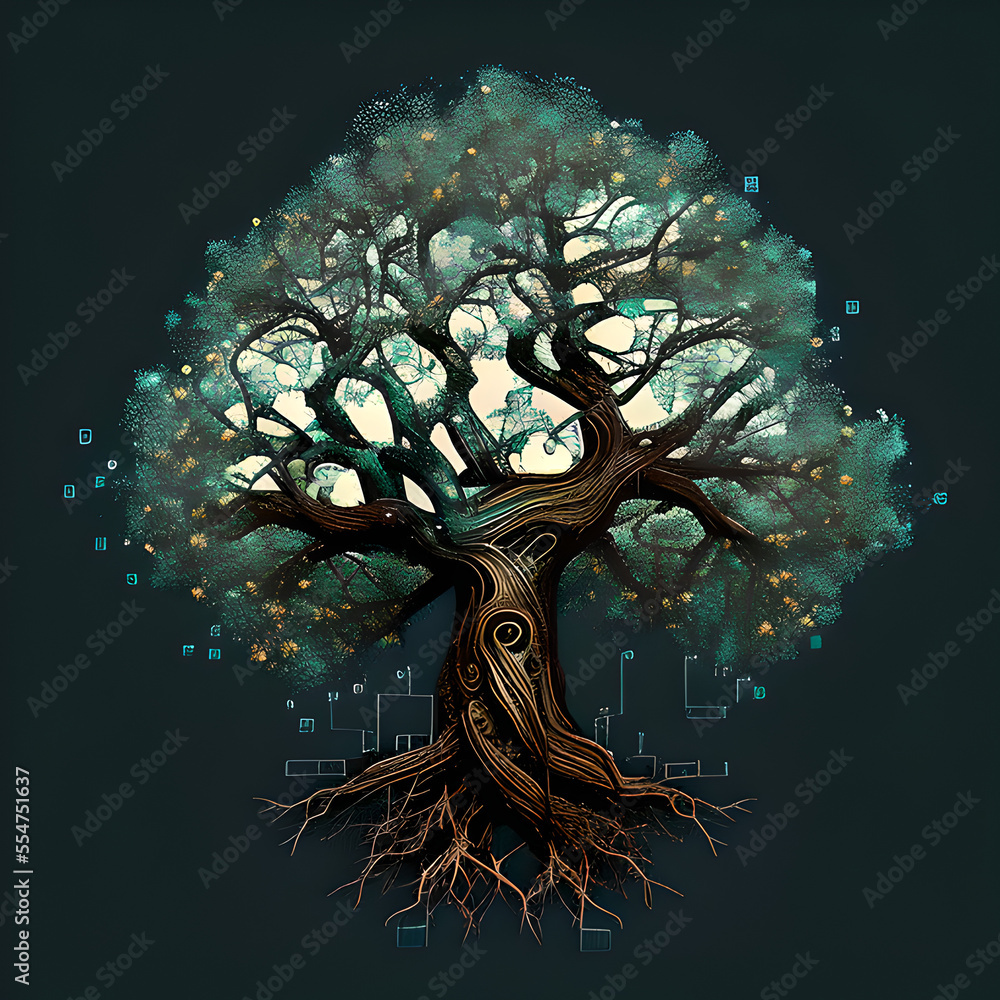 A digital tree logo with matrix-style symbols and digits depicting data ...