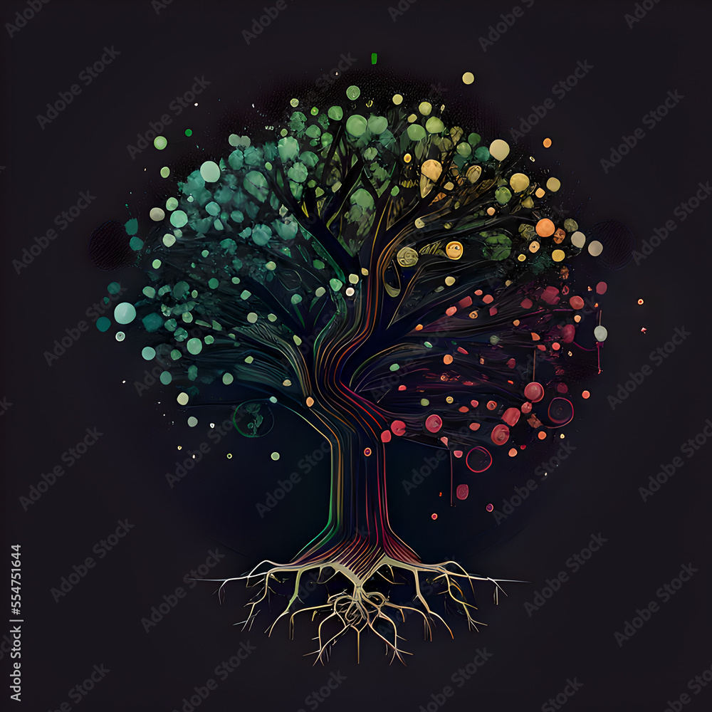 A digital tree logo with matrix-style symbols and digits depicting data ...