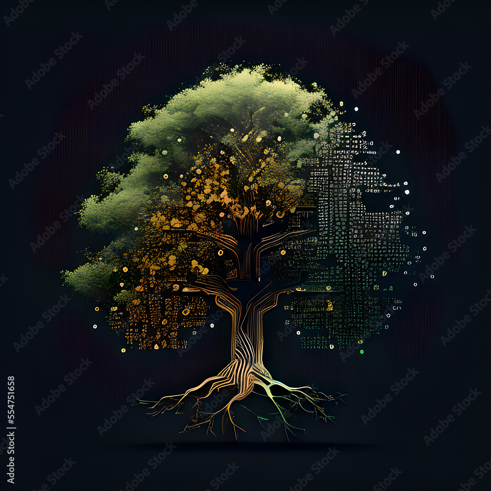 A digital tree logo with matrix-style symbols and digits depicting data ...