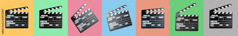 Set with clapperboards on different color backgrounds. Banner design ...