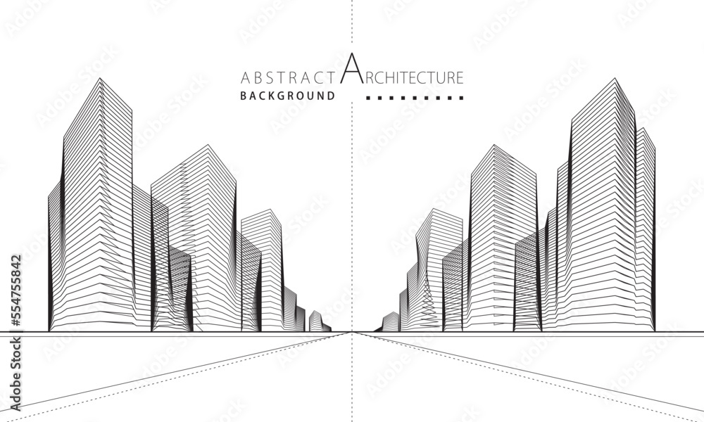3D illustration, abstract modern urban landscape line drawing ...