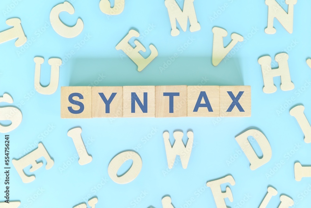 Study syntax in linguistics concept. Wooden blocks word typography flat ...