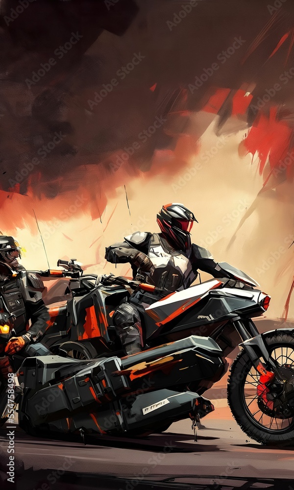 sci-fi fantasy motorbike illustration conceptual dystopian style scene ...