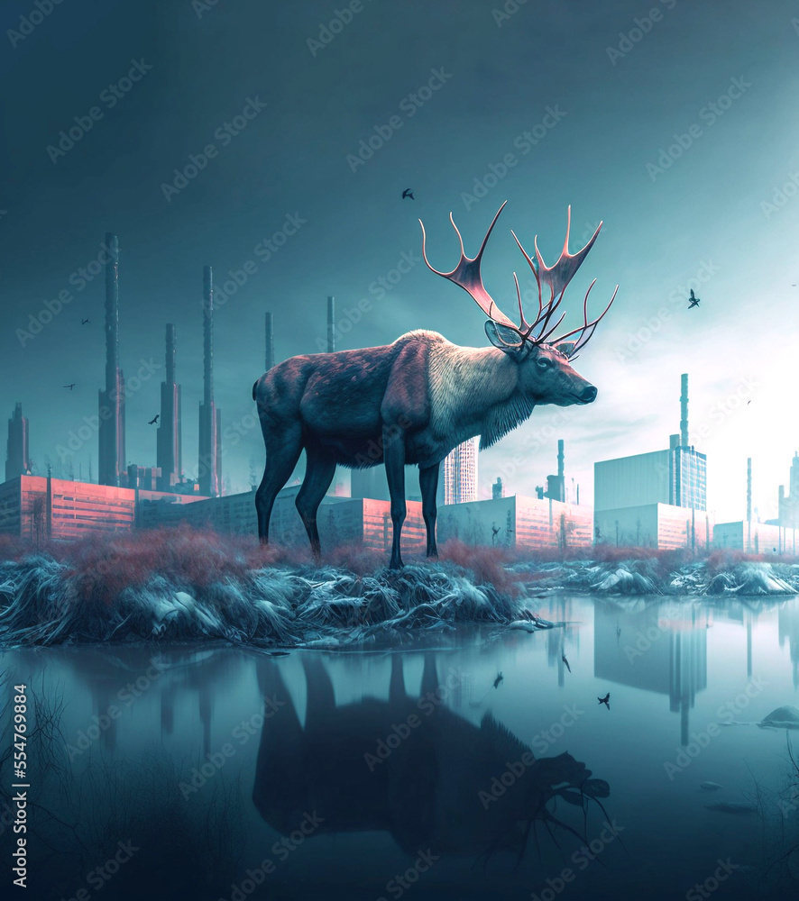 Ai illustration of Endangered deer drinking from polluted stream near ...