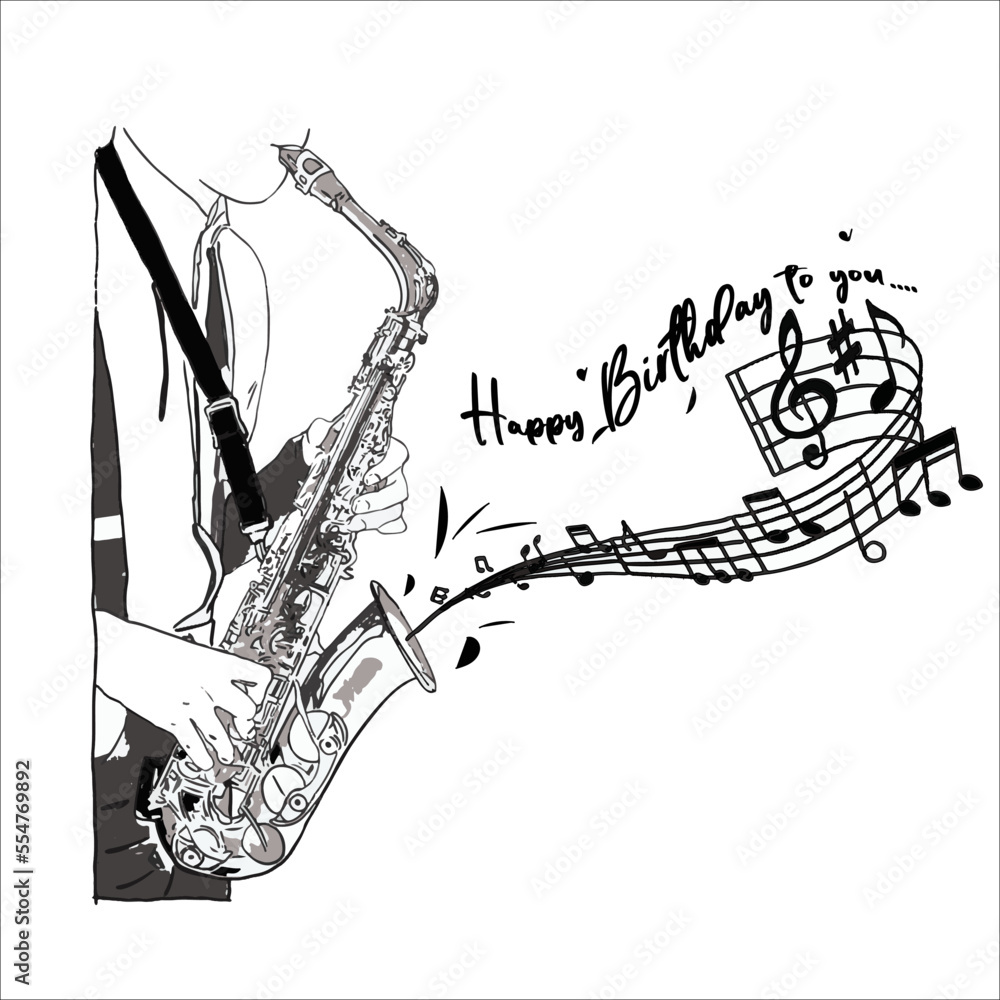 Man play happy birthday song with saxophone. Birthday card greeting ...