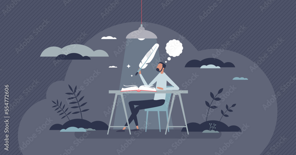 Vetor de Creative writing process and author typing content scene tiny ...