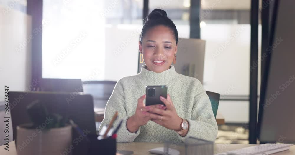Phone, business woman and typing in office, social media or internet ...