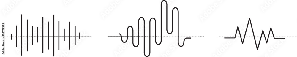 Sinusoid signals set. Black curve sound waves collection. Voice or ...