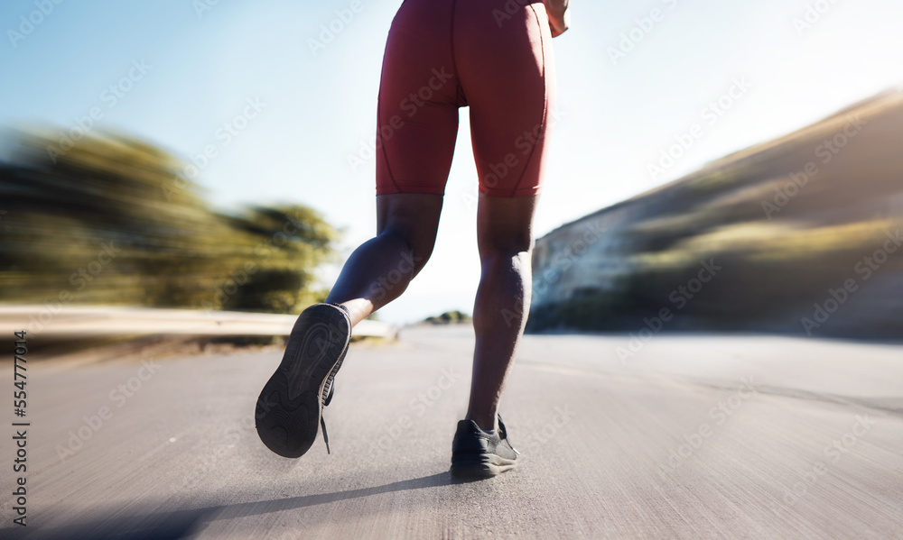 Motion blur, woman and legs running on road for exercise, marathon ...