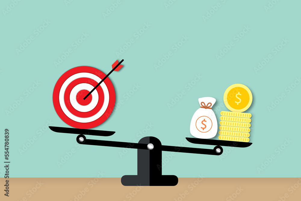 Red target with coins, money bag black and scale on pastel green ...