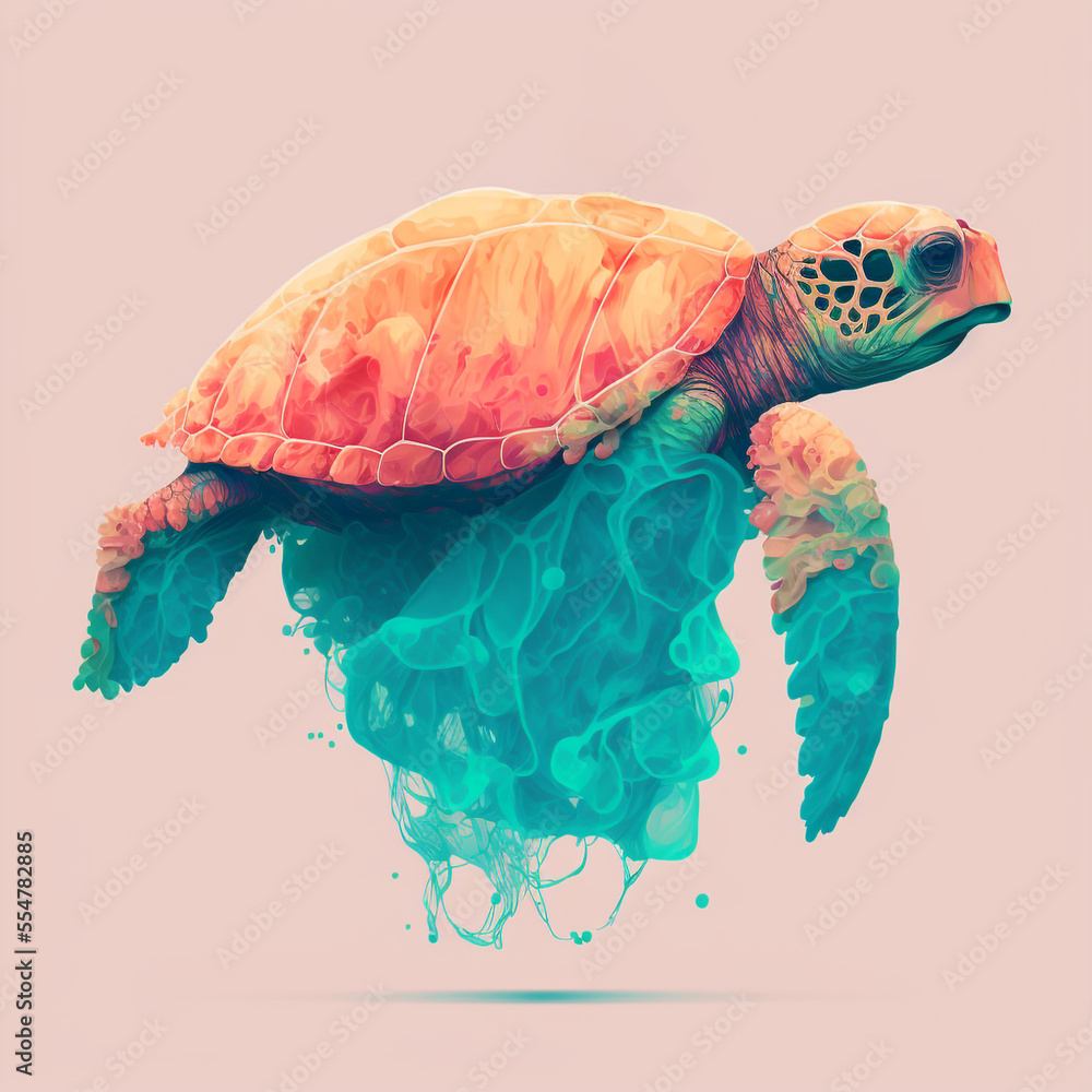 AI-Generated Illustration of magical Turtle with a plastic bag stuck ...