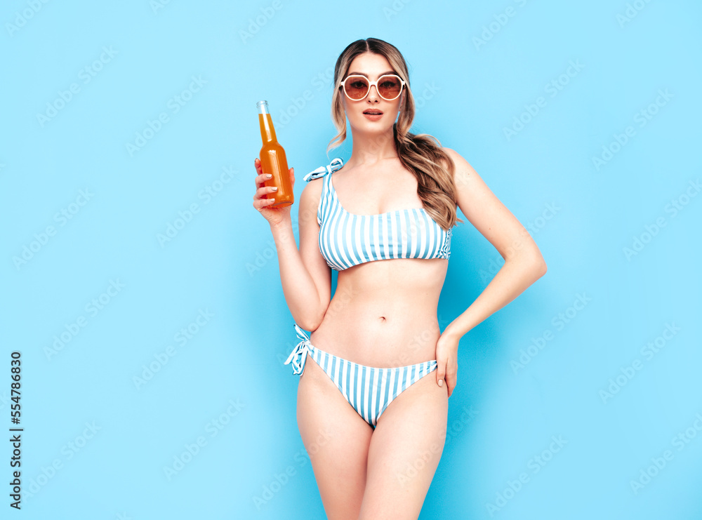 Young Blond Model In Summer Swimwear Bathing Suit Sexy Carefree Woman