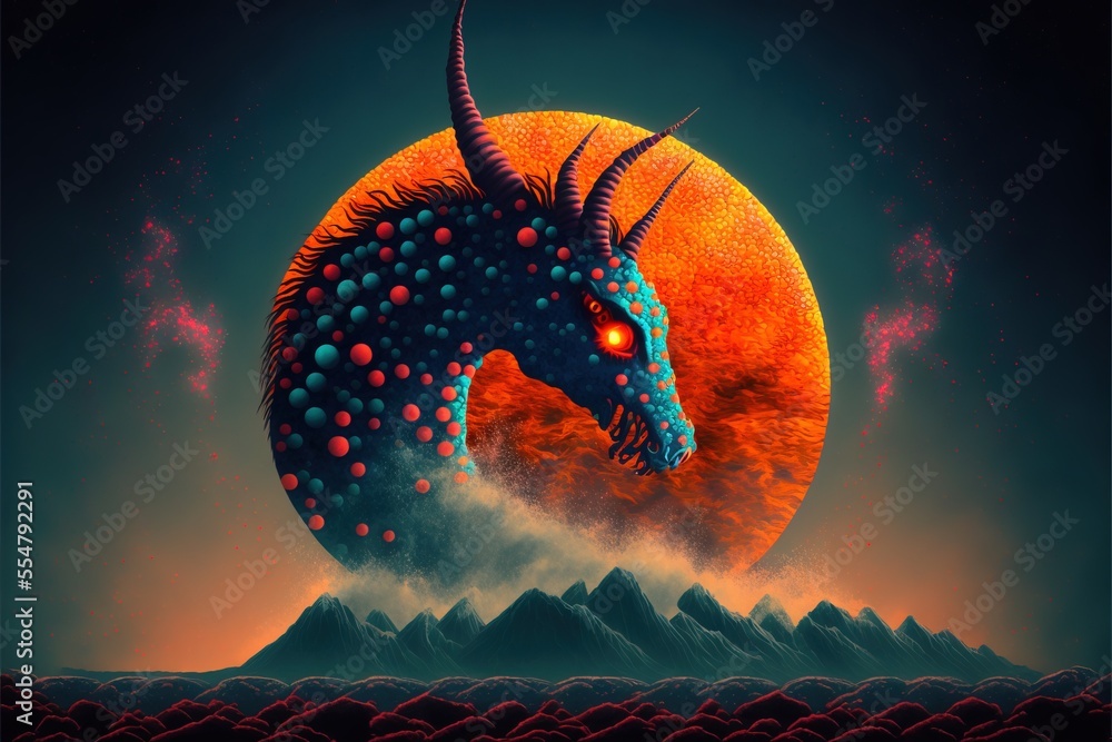 Fantasy world with fierce giant guardian dragon horse towering over the ...